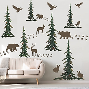62 Pieces Forest Wall Decal Wild Animal Nursery Wall Decals Woodland Vinyl Wall Decals Forest Wallpaper Pine Tree Forest Decor Forest Animal Bear Deer Wall Sticker for Christmas Kids DIY Bedroom