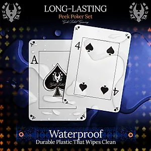 Gold Label Casino Poker PEEK Playing Cards - 100% Plastic Waterproof, Flexible PVC Standard Cards, Black/Gold Double-Deck Set, with Gold Dealer, Small and Big Blind Button, and Red Plastic Cut Cards