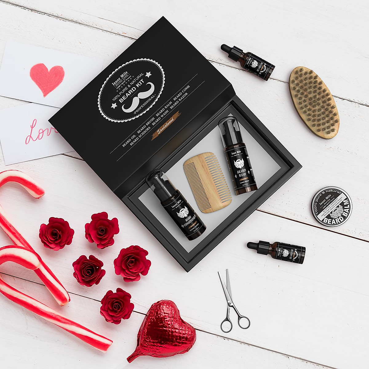 Beard Kit for Men Grooming & Care with 2 Pack Beard Oils, Balm, Wash & Conditioner for After Shave Lotions-Sandalwood, Brush, Combs, Scissors, Valentine's Day Christmas Fathers Gifts for Dad Men Him