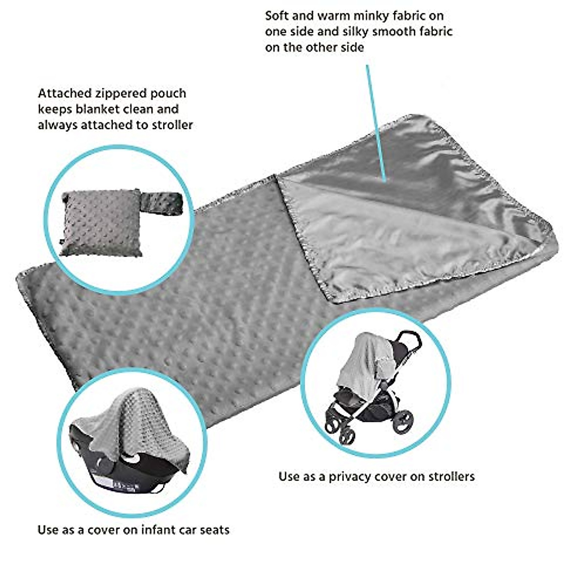 J.L. Childress Cuddle 'N Cover Stroller Blanket - Silky and Minky Fabrics - Blanket Attaches to Stroller - Privacy Cover, Blanket, Sun Shade - 30" x 30" - Grey