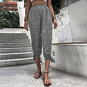 DUOWEI Women Pants for Work Casual Womens Flower Prinnted Linen Capri Pants Elastic Waist High Waist Work Pants for Women Green