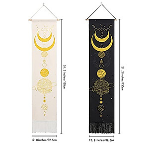 Lourny Sun and Moon Phase Wall hanging - 2 Pcs Long Black and White Tapestry Starry Night Sky Small Tapestries Decor for Bedroom Living Room(Black+White Moon)