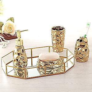 SXFYWYM Gold Bathroom Set 4 Piece Ceramic Bathroom Decoration Accessories Tooth Brush Holder Soap Dispenser Soap Box Tumbler Rinsing Cup, Countertop Vanity Organize Bathroom Accessory Set