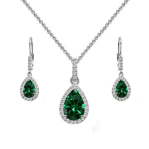 B. BRILLIANT Sterling Silver Simulated Emerald & White Topaz Teardrop Dangling Necklace & Leverback Drop Dangle Earrings Jewelry Set for Women with Gift Box