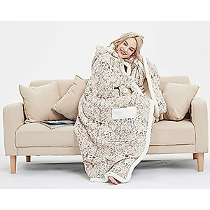 Marquess Hooded Throw Robe Wrap Ultra Soft Plush Coral Fleece & Sherpa Wearable Blanket with 2 Pockets Print Chic Lifestyle Gift 51 x 71'' (Beige Point)