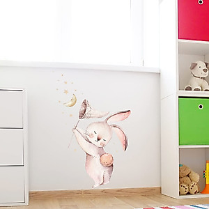 Wland 17.3 in x 25.6 in Cute Cartoon Rabbit Watercolor Bunny Catching Moon Stars Balloon Removable Vinyl Wall Decals Stickers for Children Room Nursery Decoration Baby Boy Girl Bedroom