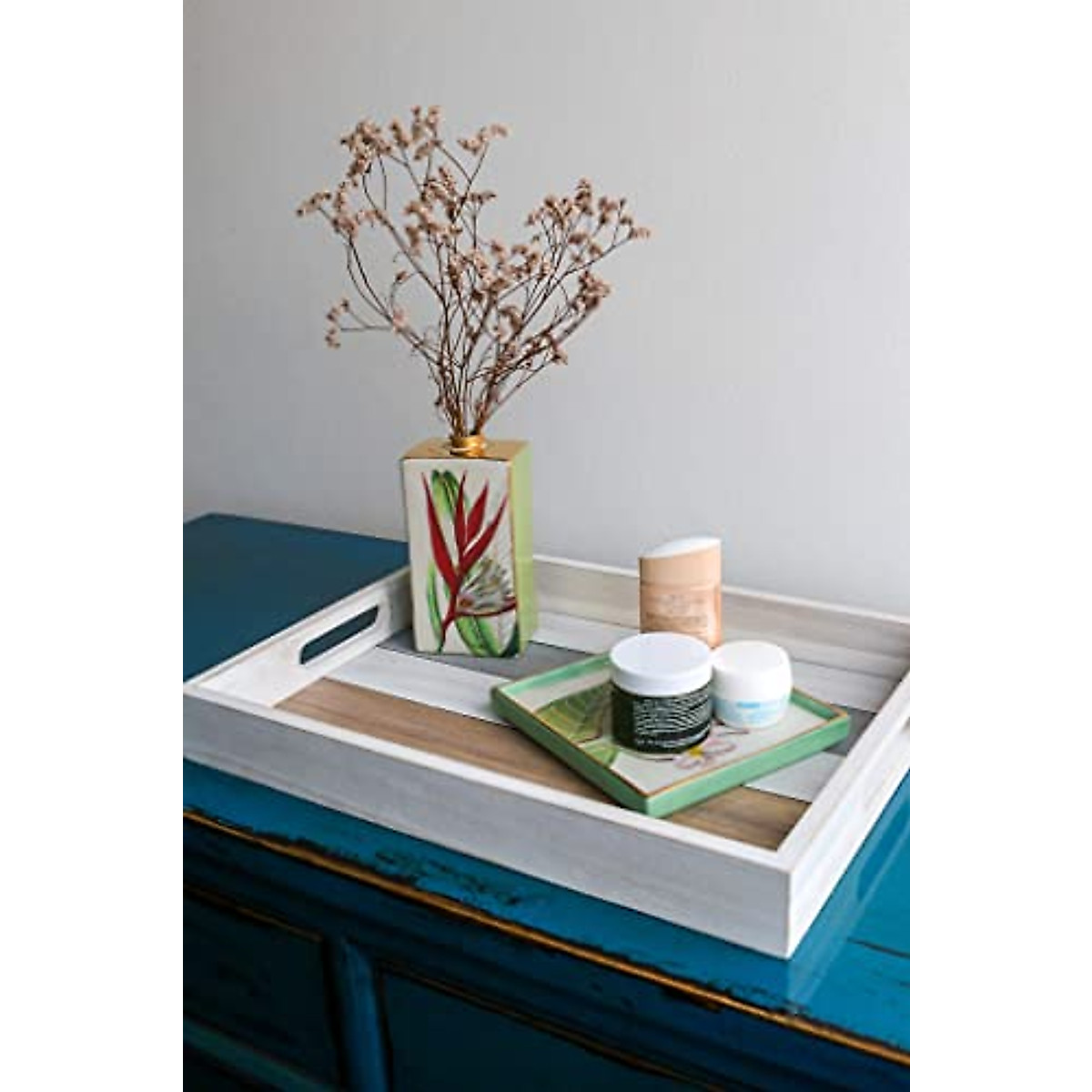 Rustic Wooden Serving Tray for Ottoman and Coffee Table Lap Tray (16.3L x 12.2W x 2H in, Multicolor)