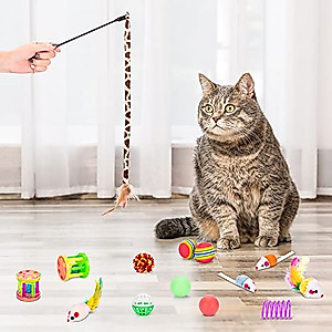 Retro Shaw Cat Toys Set, Interactive Cat Kitten Toys for Indoor Cats Kitty with Collapsible Cat Play Tunnel Tube Tent Cat Feather Wand Teaser Cat Bell Fuzzy Ball Springs Mouse Toys