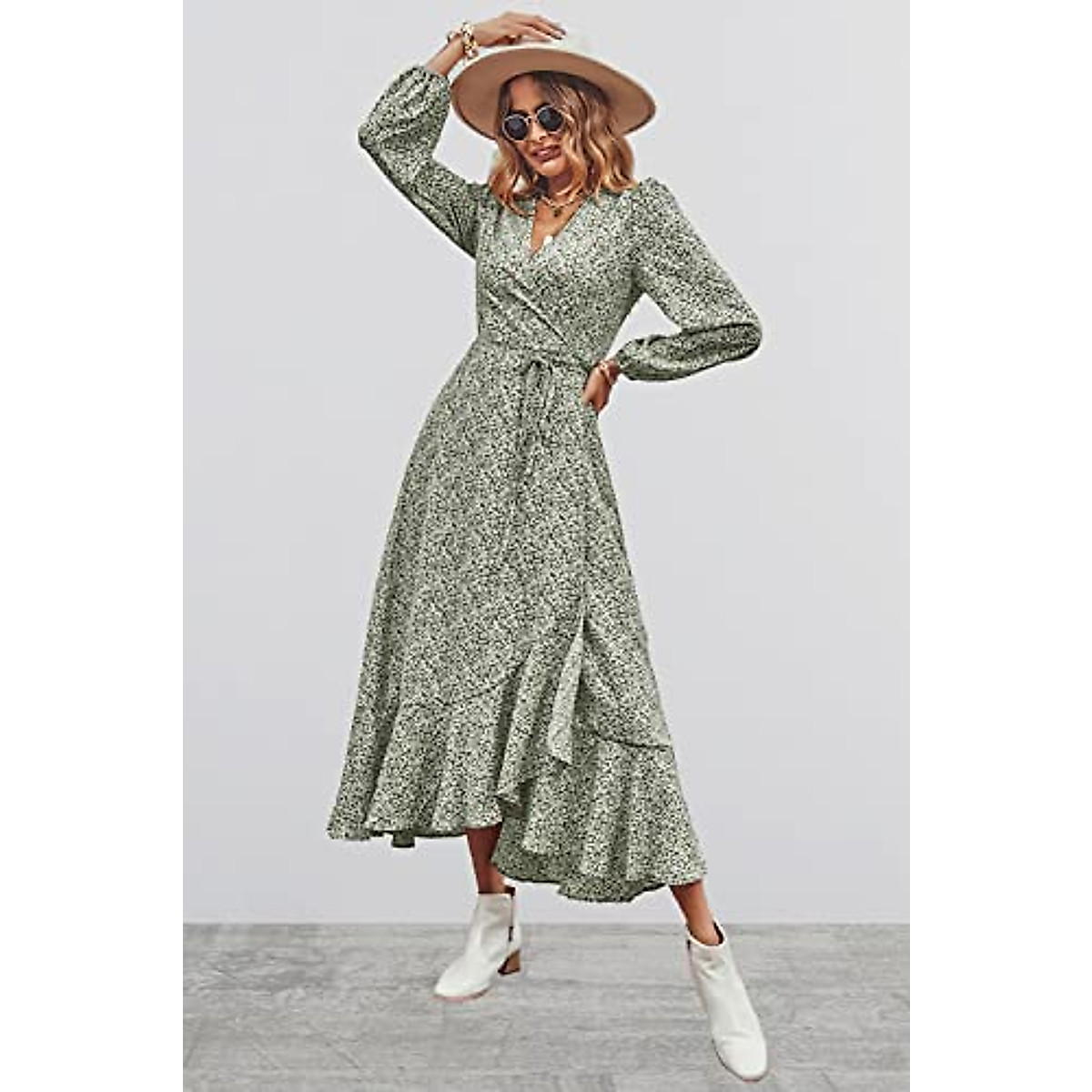 PRETTYGARDEN Women's Bohemian Dress Wrap V Neck Long Sleeve High Split Flowy Ruffle Floral Maxi Dress with Belt (Green, Medium)