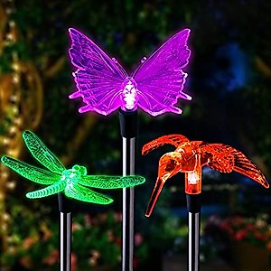 Solar Garden Lights Outdoor Color Changing Solar Lights Outdoor Garden Decorative Solar Lights Butterfly, Hummingbird, Dragonfly Solar Lights Outdoor Waterproof for Patio Lawn Halloween Decor 3 Pack