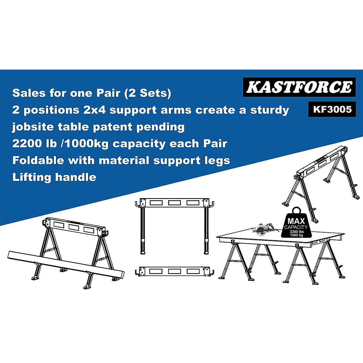 KASTFORCE Folding Sawhorse 2200 lb /1000kg capacity Heavy Duty Jobsite Table Stand with Folding Legs Twin Pack KF3005
