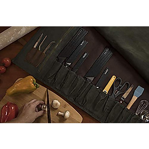 Asaya Waxed Canvas Knife Roll - 15 Knife Slots, Card Holder and Large Zippered Pocket - Genuine Leather, Cloth and Brass Buckles - for Chefs and Culinary Students - Knives Not Included