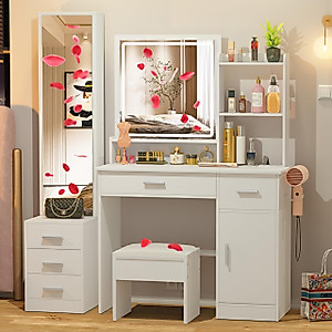 INTERGREAT Makeup Vanity Desk with Lights and Full-Length Mirror, White Vanity Table Set with 3 Lighting Modes, Dressing Table with Drawers, Large Vanity Desk for Women and Girls' Bedroom