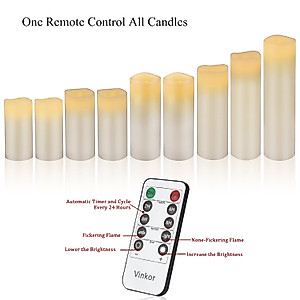 Vinkor Flameless Candles Battery Operated Candles 4" 5" 6" 7" 8" 9" Set of 9 Ivory Real Wax Pillar LED Candles with 10-Key Remote and Cycling 24 Hours Timer