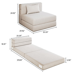 Luoxiao Folding Sofa Bed Single with Pillow, Portable Foldable Sofa Bed for Travel, Camping, Guest, Folding Lounge Chaise with Breathable & Washable Cover, Convertible and Easy to Storage， Off White