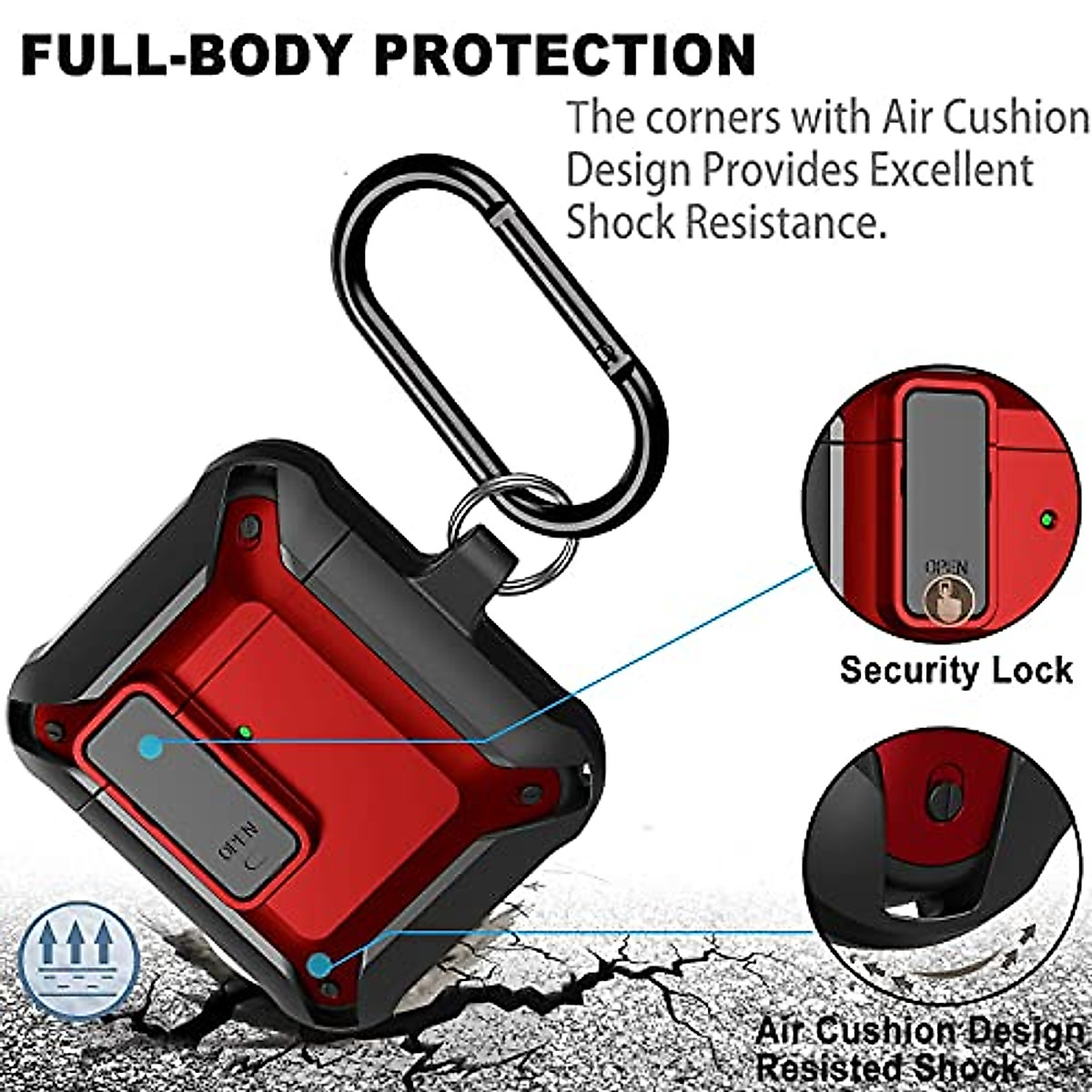Wonjury Upgraded Armor [Secure Lock] Airpod Case,Shockproof AirPods Cover Cool Case Designed for Apple AirPod 2&1 Wireless Cases for Men Women (Black/Red)