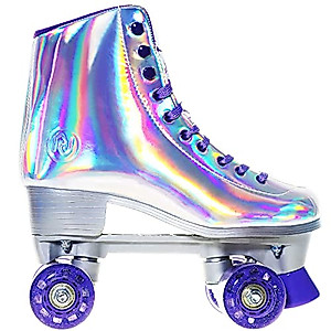 JajaHoho Roller Skates for Women, Holographic Silver High Top PU Leather Rollerskates, Shiny Double-Row Purple Four Wheels Quad Skates for Girls and Age 8-50 Indoor Outdoor, Size 6