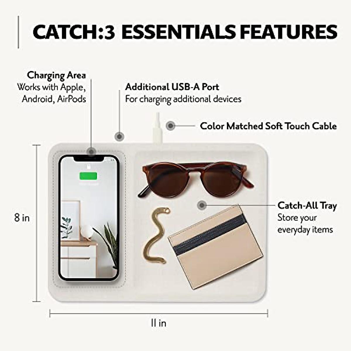 Courant Catch:3 Essentials - Belgian Linen Wireless Charger & Valet Tray - Qi-Certified, Compatible with iPhone 14, 13, 12, 11, Samsung Galaxy S23, S22, S21, S20, Note, AirPods, AirPods Pro (Natural)