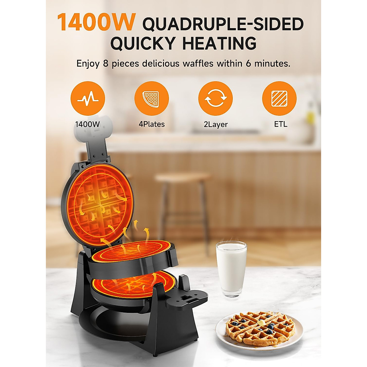 Waffle Maker, 1400W Double Belgian Waffle Iron 180° Flip, 8 Slices, Rotating & Nonstick Plates, Removable Drip Tray for Easy Cleaning, Cool Touch Handles, Space Saving Storage, Black