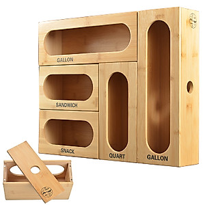 BWLAND Bamboo ziplock bag organizer for drawer 5 Pc Bamboo Premium Food Storage Bag Organizer Holders and Dispenser Compatible with Gallon, Quart, Sandwich, Snack, Candy Variety Size Bags