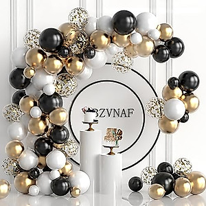 Black White Gold Balloons Garland Kit - 100Pcs Black White Metallic Gold and Gold Confetti Latex Balloons Arch for Wedding Engagement Birthday Party Decorations