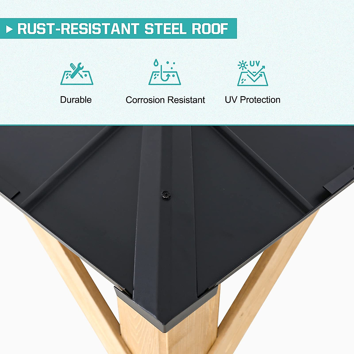 EAGLE PEAK 13x15 Hardtop Gazebo, Galvanized Steel Double Roof Gazebo with Cedar Wood Frame, Outdoor Pavilion for Patio, Deck, Lawn and Garden, Natural Wood/Black