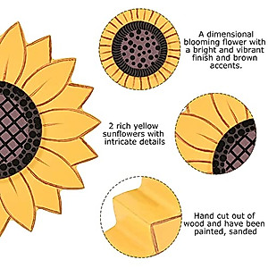 MEKOUZON Wood Sunflower Decor, Rustic Figurines Statue Ornaments for Thanksgiving, Set of 2 Wooden Blocks Farmhouse Desk Decorations for Tiered Tray, Shelf, Tabletop Fireplace