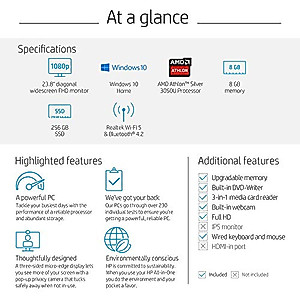 HP 24-inch All-in-One Desktop Computer, AMD Athlon Silver 3050U Processor, 8 GB RAM, 256 GB SSD, Windows 10 Home (24-dd0010, White) (Renewed)