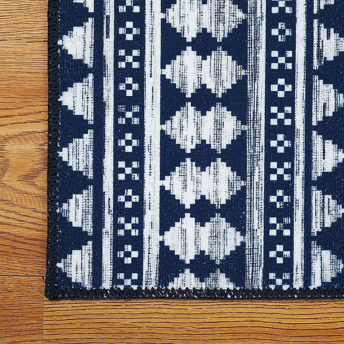 Fashionwu Boho Rug Large Washable Rug Area Rug 8 x 10 with Non Slip Backing for Dining Room, Bedroom, Navy Blue Rug Low-Pile Rug Non-Shedding Rugs for Living Room Home Office Area Rug, Blue and White