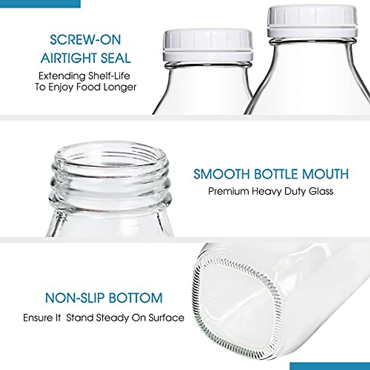 YEBODA 32oz Glass Milk Bottle with Plastic Tamper-proof Caps (4 Pack) Vintage Reusable Dairy Drinking Containers, Glass Bottles for Milk, Juice,Yogurt, Smoothies, Tomato Sauce, Jam, Syrup