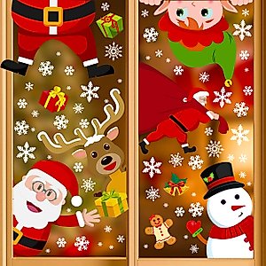 90shine 314PCS Christmas Decorations Window Clings - Xmas Holiday Snowflake Santa Elf Reindeer Gnome Peeking Decals, Winter Wonderland Party Supplies Decor, 12 Sheets