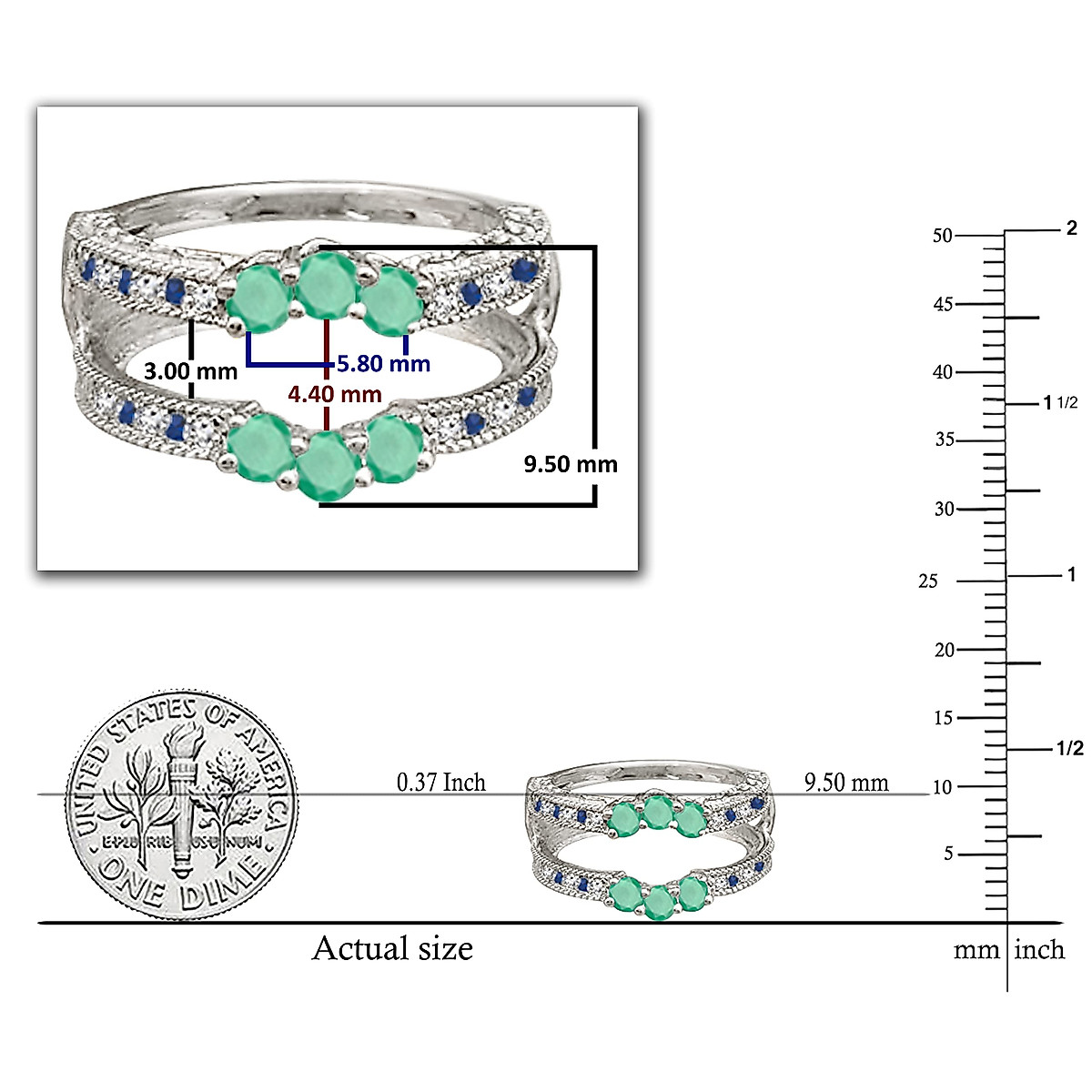 Dazzlingrock Collection Round Emerald, Blue Sapphire & Diamond Wedding Enhancer Double Ring in 14K White Gold, Size 8.5