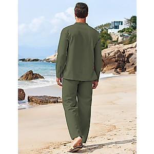COOFANDY Men's 2 Piece Linen Sets Casual Long Sleeve Shirt and Loose Pants Set Beach Vacation Outfits, Army Green, Large
