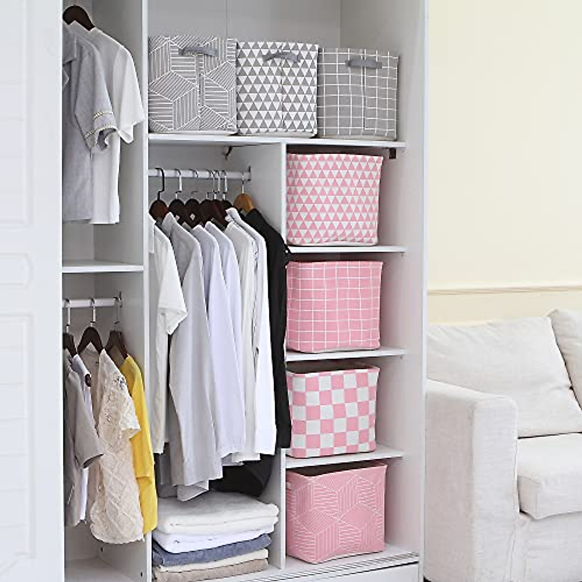 Sea Team Foldable Large Square New Pink and White Geometric Theme 100% Natural Linen & Cotton Fabric Storage Bins Storage Baskets Organizers for Shelves & Desks - Set of 4 (Pink)