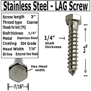 1/4" X 3" - 304 Grade Stainless Steel lag screws, Hex head fasteners, stainless steel screw. Use as Construction, wood, metal, lag screw or mounting screws fasteners lag bolts. Heavy duty screws. (50)