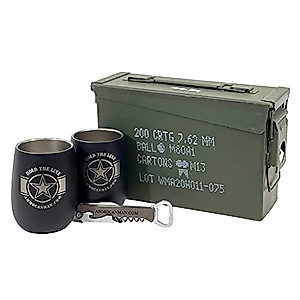 (1) 30 Cal Grade 1 Military Ammo Can (Used) - (2) Laser Engraved, “Hold The Line” Insulated Wine Tumblers - (1) Laser Engraved, Corkscrew/Multi-Tool
