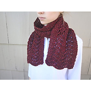 Short Scarf, Deep Burgundy Red, Rustic Wool Tweed, Hand Knit, Lace Texture, Womens Winter Scarf