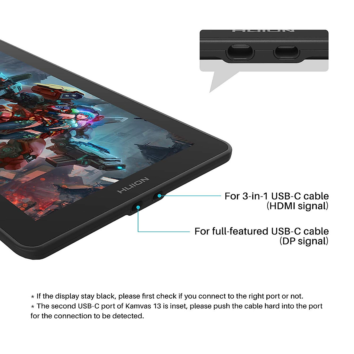 HUION Full-Featured USB-C to USB-C Cable Support USB3.1 GEN2 DP Signal for Graphic Drawing Tablet with Screen Kamvas 12/13/16(2021)/22/24/22 Plus/24 Plus/Pro 16 (4K)/Pro 16 Plus (4K)/Pro 24(4K), 3.2ft