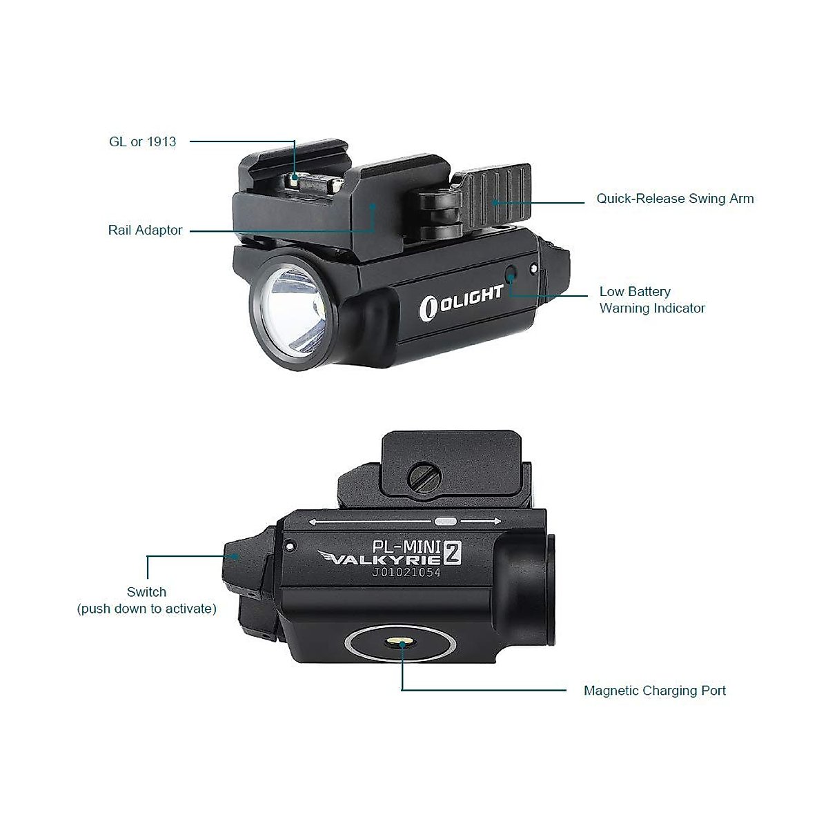 OLIGHT PL-Mini 2 Valkyrie 600 Lumens Magnetic USB Rechargeable Compact Weaponlight with Adjustable Rail, High Performance CW LED Tactical Flashlight with Built-in Battery