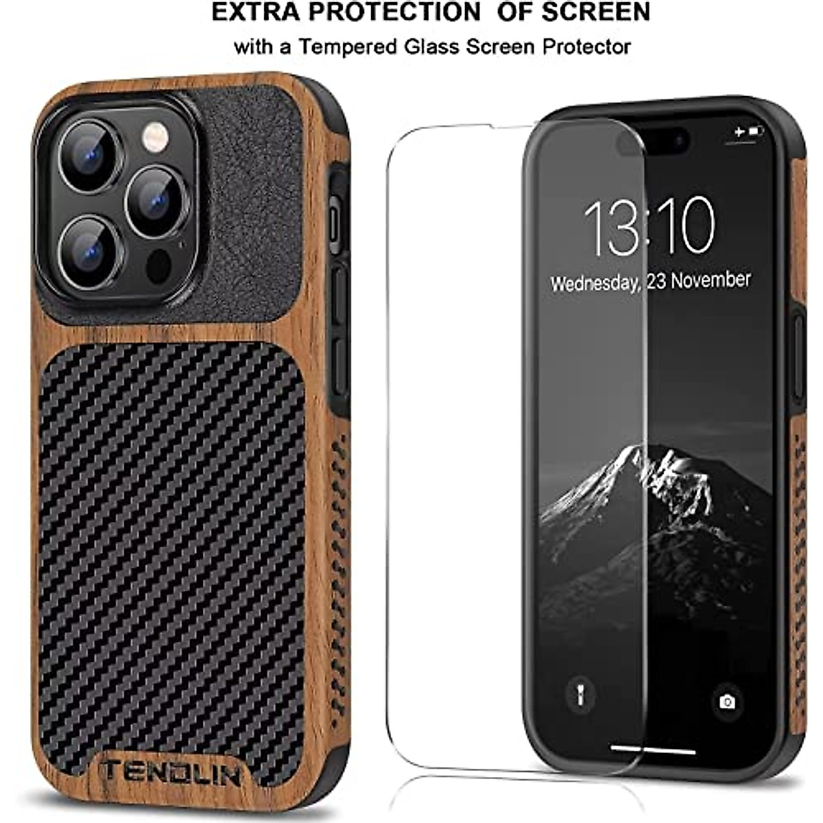 TENDLIN Compatible with iPhone 14 Pro Case Wood Grain with Carbon Fiber Texture Design Leather Hybrid Slim Case Black
