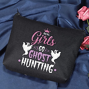 POFULL Ghost Hunter Gift Spooky Gift Real Girls Go Ghost Hunting Cosmetic Bag Paranormal Investigator Gift (Real Girls Go bag)