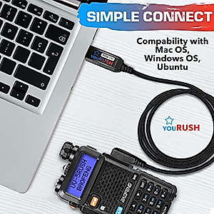 youRUSH Chirp Premium FTDI USB Programming Cable 1m Black Compatible with Baofeng Ham Radio UV-5R BF-F8HP GT-3TP BF-888S UV-82 UV-S9Plus and for Kenwood Radios with K Plug 2 pin. Easy Plug & Play