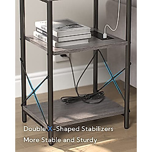 Yusong Small Side Table with Charging Station, Slim End Table for Narrow Space in Living Room,3 Tier Skinny Nightstand Bedside Table with USB Ports & Outlets for Bedroom, Grey