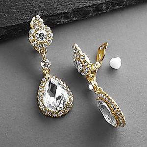 Mariell Gold Clip-On Earrings with Austrian Crystal Teardrop Dangles - Prom & Bridal Chandelier Clip Ons