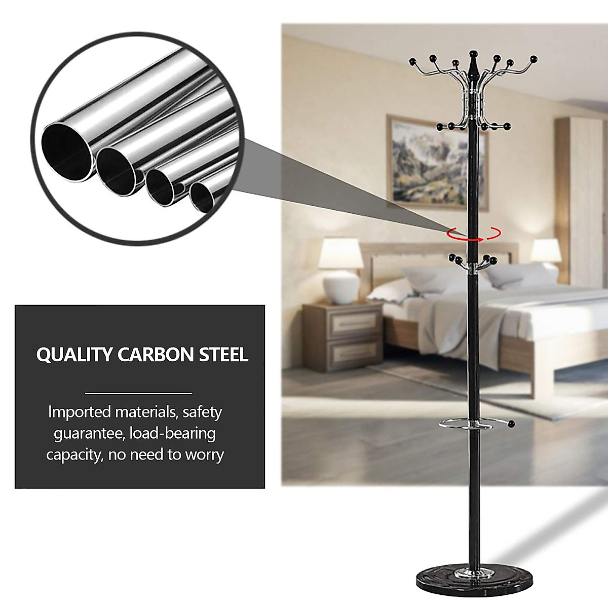 WDZCZDoo 67" Metal Coat Rack Stand with Natural Marble Base, Free Standing Hall Tree with 16 Hooks for Hanging Scarf, Bag, Jacket, Home Entry-way Hat Hanger Organizer (Black)