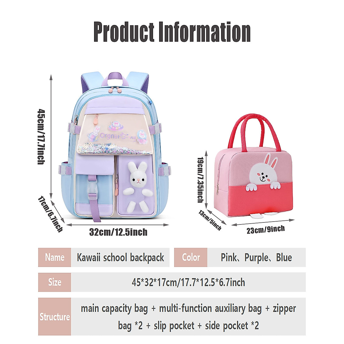 OMGDD 2PCS Kawaii Backpack Set with Lunch Bag,17.7inch Bunny Backpacks for Girls Large Capacity Aesthetic School Bag Cute Bookbags with Beaded Quicksand Pocket & Rabbit Doll,Blue