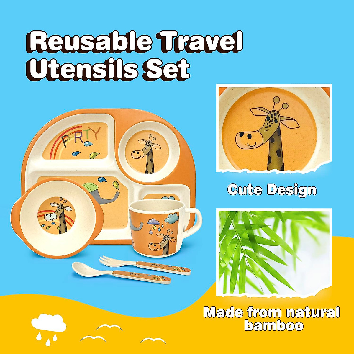 RayPard 5 Pcs Bamboo Kid Plates and Bowls Sets, Unbreakable Plastic Toddler Dinnerware Set Include Divided Plate, Bowl, Cup, Spoon, Fork, Children Durable Cartoon Tableware (Orange Elephant)