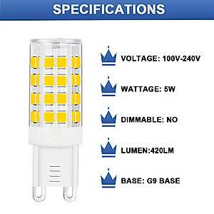 SumVibe G9 LED Bulb 5W, 40W G9 Halogen Bulb Replacement, 420LM, Warm White 3000K, AC100V-240V, G9 Base Non-Dimmable Light Bulbs, 12-Pack