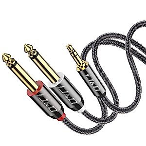 J&D 3.5mm 1/8 inch TRS Male to Dual 6.35mm 1/4 inch TS Male Mono Stereo Y-Cable Splitter for Amplifiers/Mixer Audio Recorder, Zinc Alloy Housing, Nylon Braid, Gold Plated Copper Shell, 15 Feet