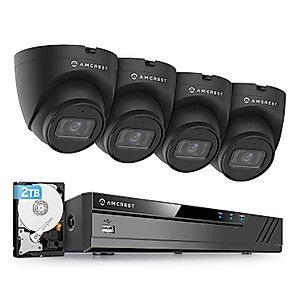 Amcrest 5MP POE Security Camera System Outdoor, 8CH POE NVR, 4pcs 5MP Turret POE Cameras, IP67 Metal Turret POE IP Cameras, Built in Mic, Pre-Installed 2TB Hard Drive, NV4108E-IP5M-T1179EB4-2TB